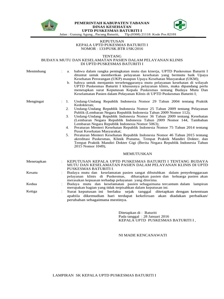 9.1.2 (3) 133 SK Budaya Mutu Dan Keselamatan Pasien Dalam Pelayanan Klinis | PDF