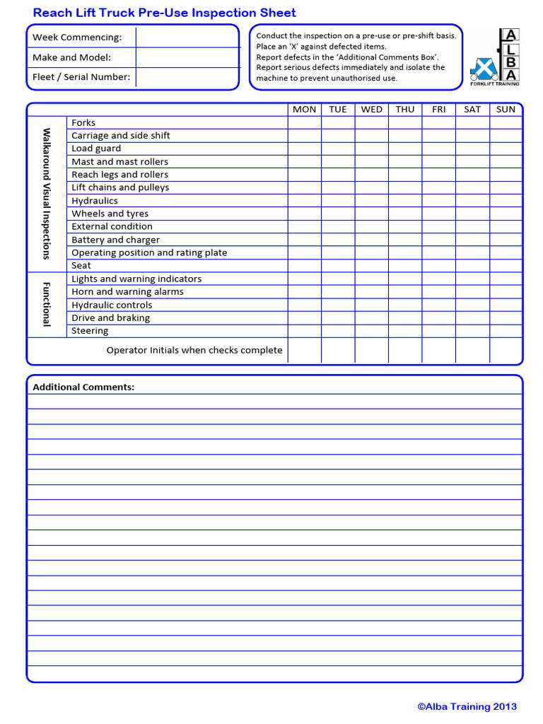 Reach Lift Truck Pre Use Check Sheet | PDF