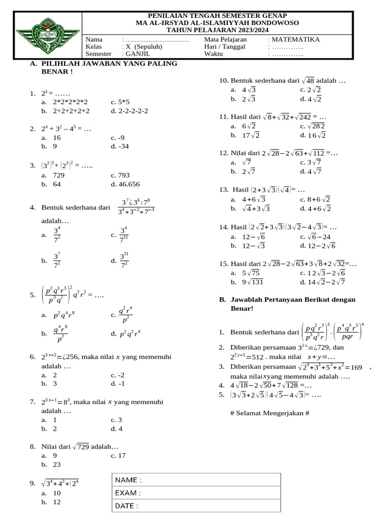 Soal Pts MTK Ganjil Kls 10 New | PDF