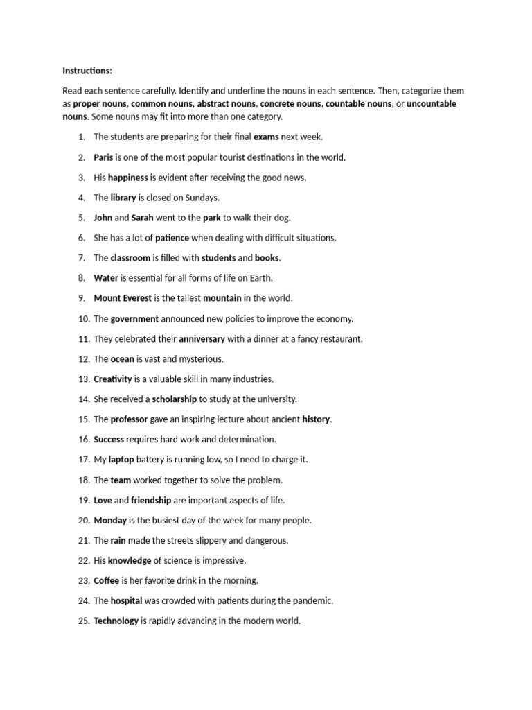 Exercise On Nouns | PDF