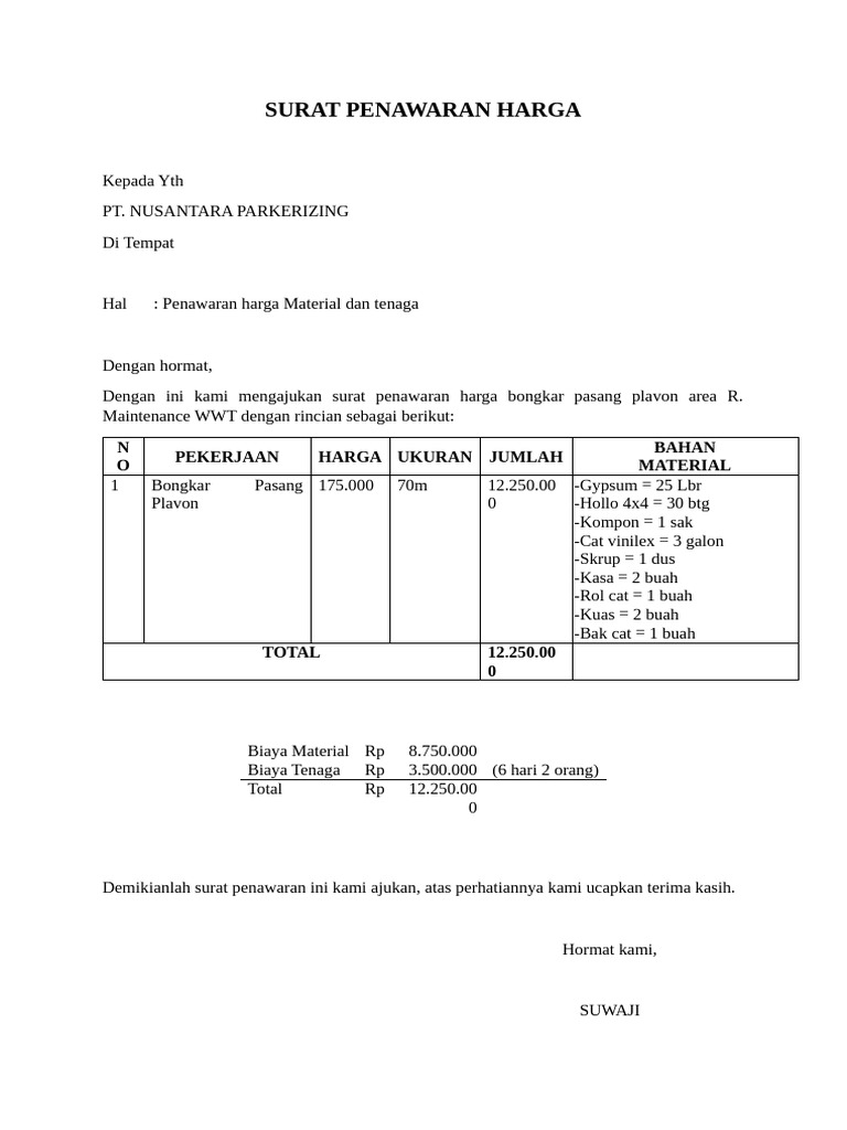 Surat Penawaran Harga Nusantara Parkerizing | PDF