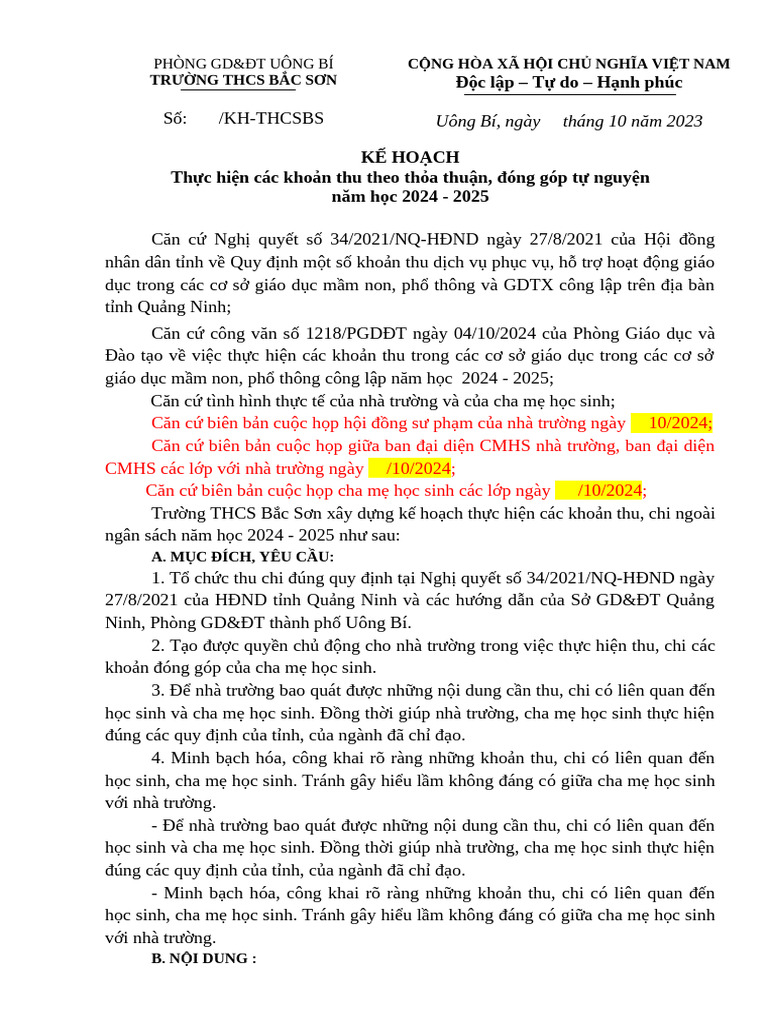 KH Thu Chi 2024-2025 BS | PDF