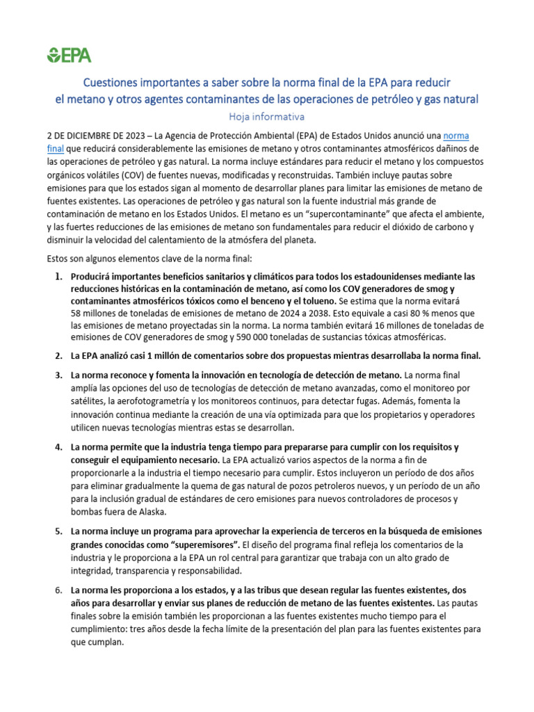 Key Things To Know About Epas Final Rule For Oil and Natural Gas Operations - Fact Sheet ...