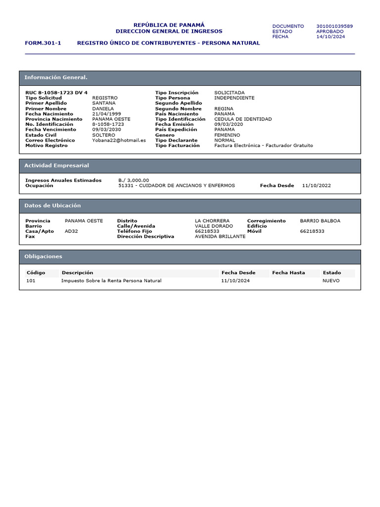 Registro RUC Daniela Santana Panamá | PDF
