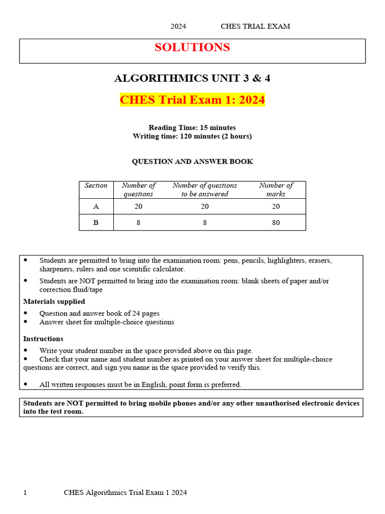 CHES Algorithmics Trial Exam 2024 | PDF | Time Complexity | Vertex ...