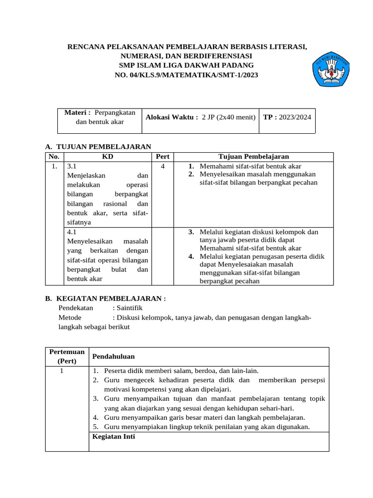 RPP MTK Kelas 9 Sem 1 KD 3.1 Pert 4 | PDF