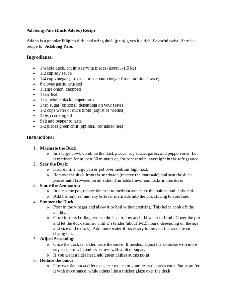 Adobong Pato (Duck Adobo) Recipe | PDF | Asian Cuisine | Cooking