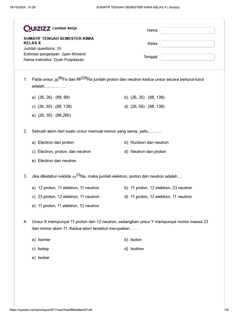 SUMATIF TENGAH SEMESTER KIMIA KELAS X _ Quizizz | PDF