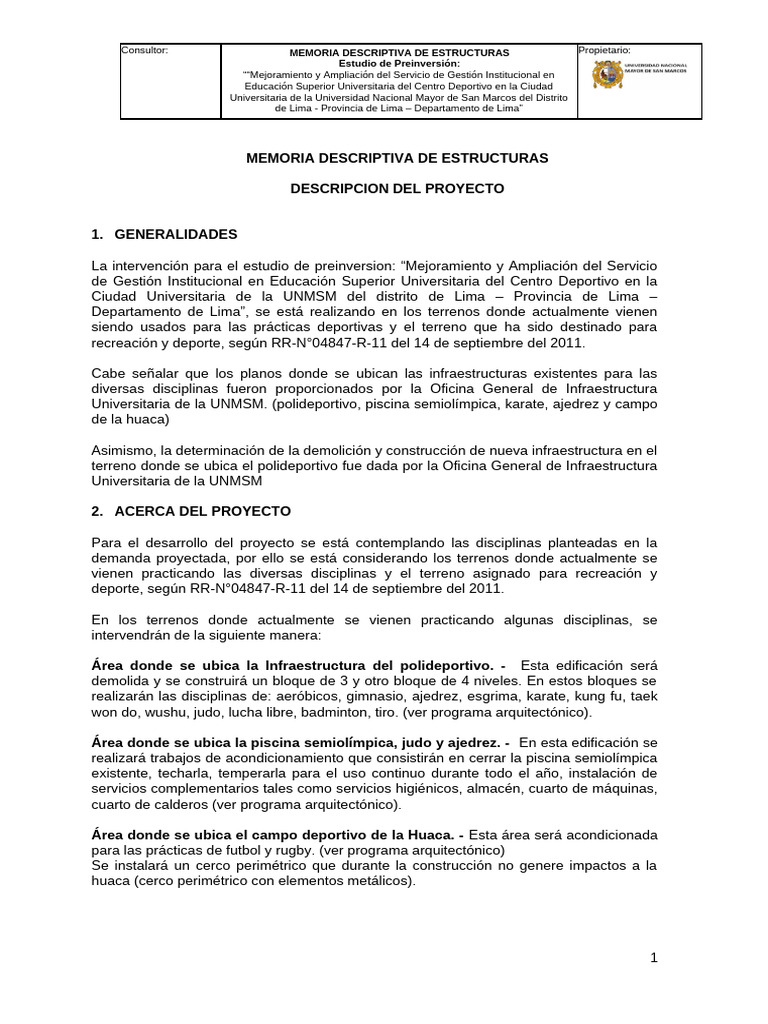 MEMORIA DESCRIPTIVA DE ESTRUCTURAS | PDF | Hormigón | Concreto reforzado