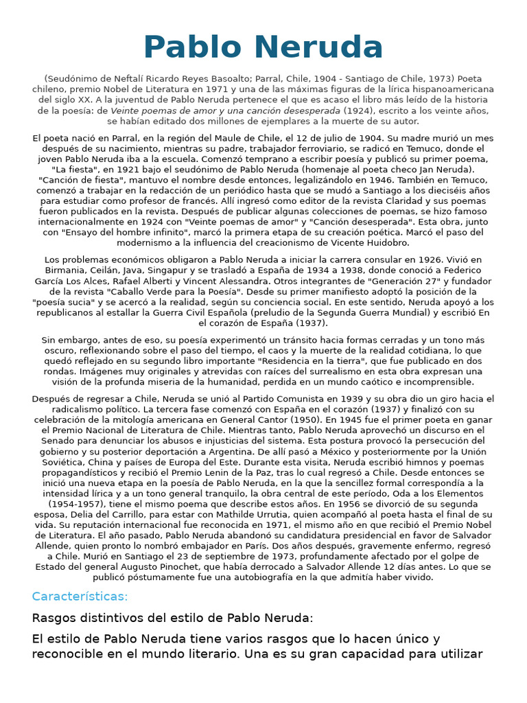 Biografía de Pablo Neruda | PDF | Clásicos
