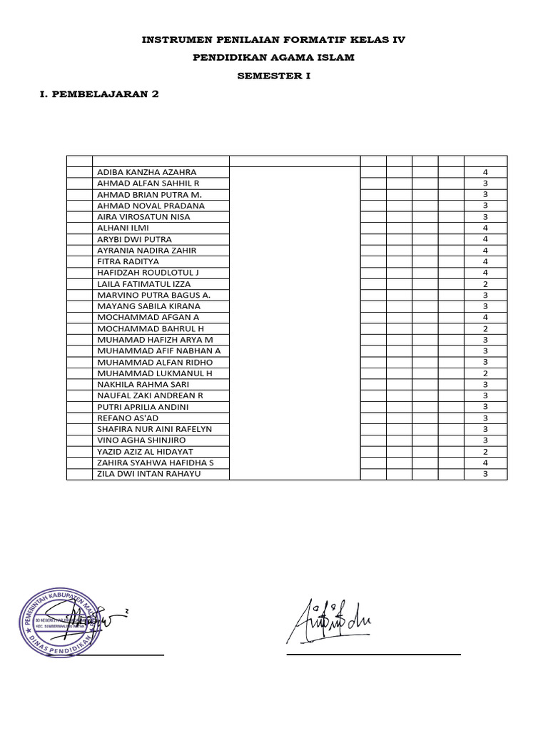 INSTRUMEN PENILAIAN FORMATIF KELAS Pel 2 | PDF