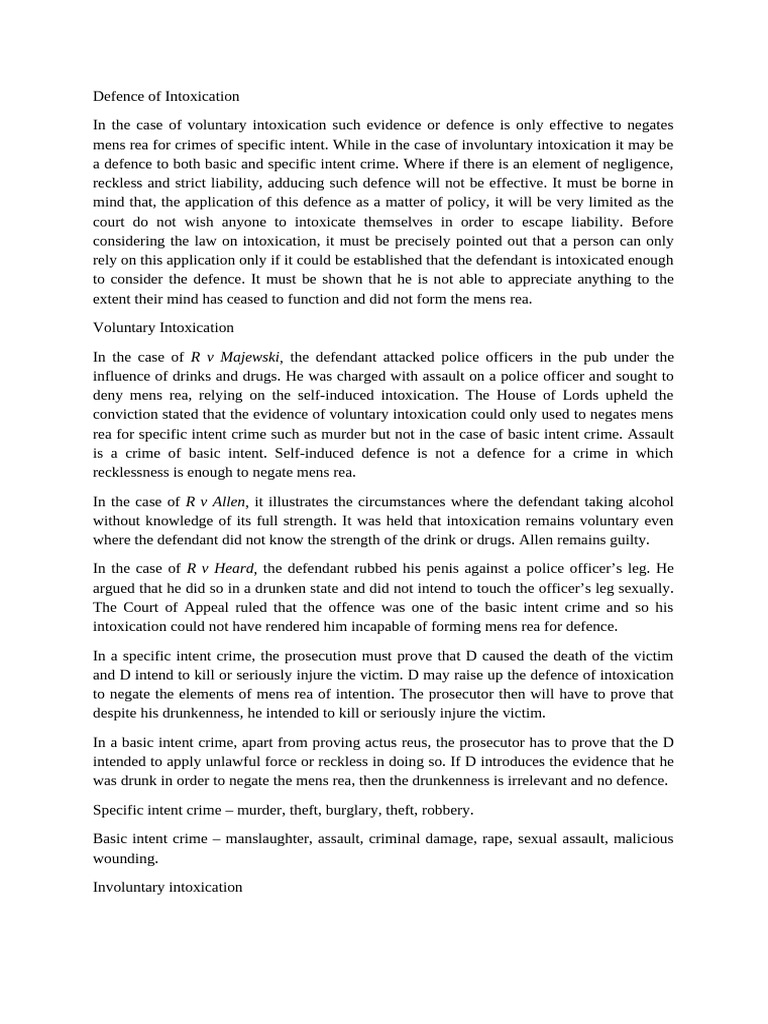 Defence of Intoxication | PDF | Mens Rea | Intention (Criminal Law)