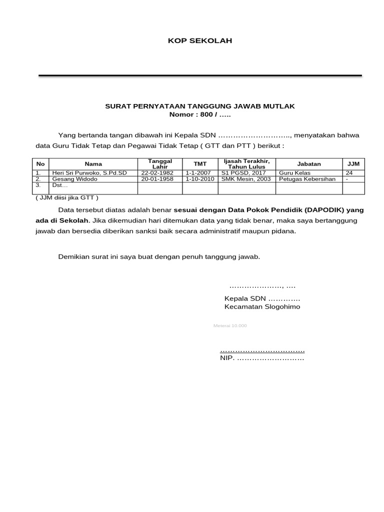 Contoh Format SPTJM Validasi GTT PTT | PDF