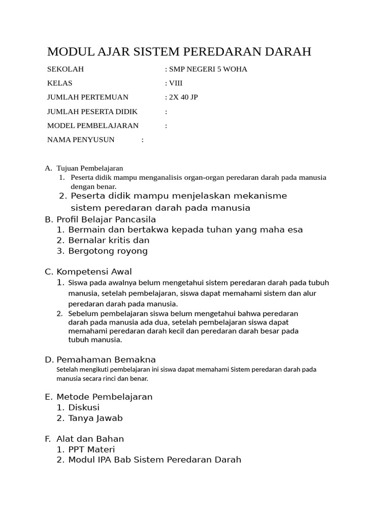 Modul Ajar Sistem Peredaran Darah | PDF