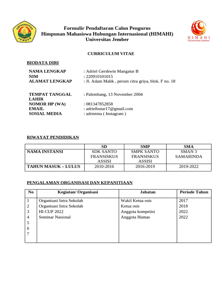 Adriel Formulir Pendaftaran HIMAHI 2023 | PDF