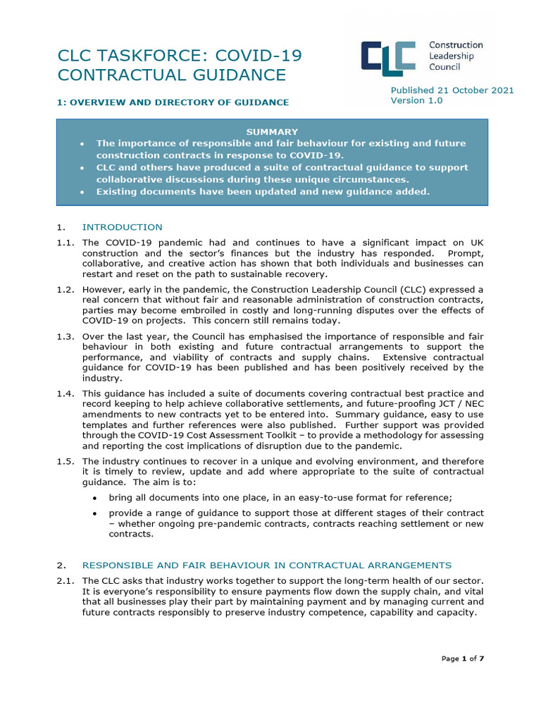 1 CLC COVID 19 Contractual Guidance - Overview and Directory of Guidance - v1.0 1 | PDF