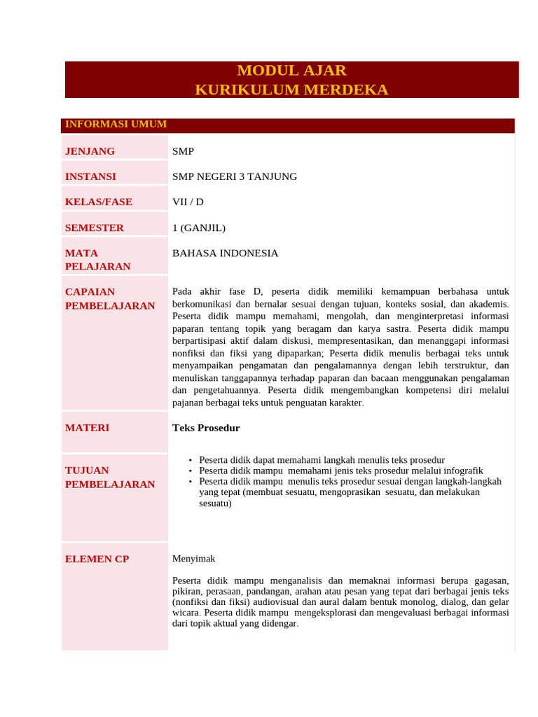Modul Ajar Teks Prosedur | PDF | Karier & Perkembangan