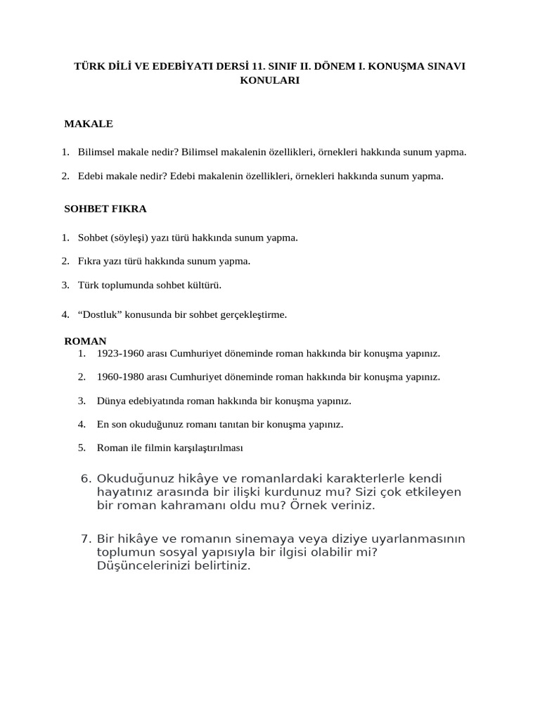 Sinif Konuşma Sinavi Konulari | PDF