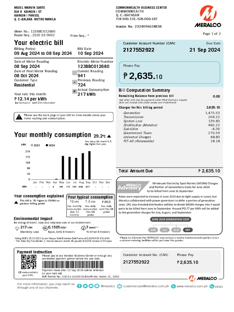 Meralco Receipt - 480206320101 - 09102024 - 1 | PDF | Value Added Tax ...