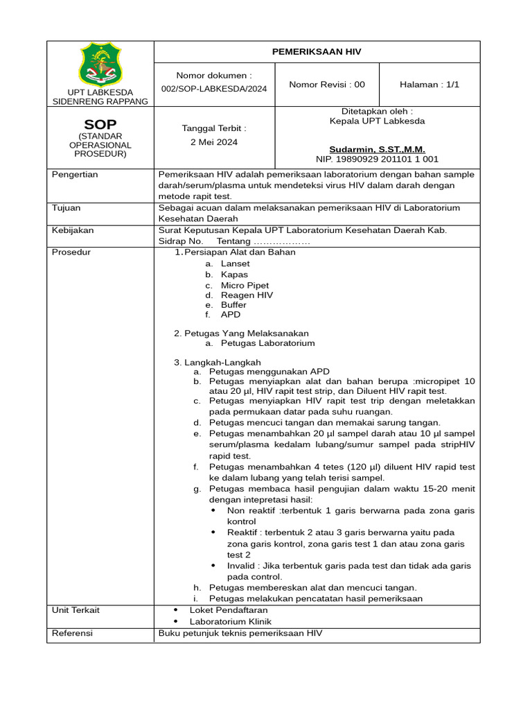 SOP Pemeriksaan HIV | PDF