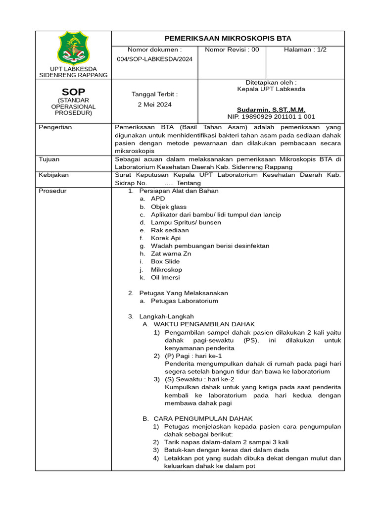 SOP Pemeriksaan Mikroskopis TB | PDF