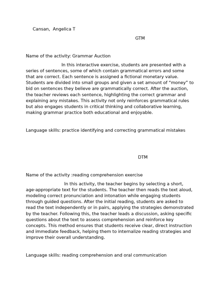 Cansan Angelica | PDF | Reading Comprehension | Grammar