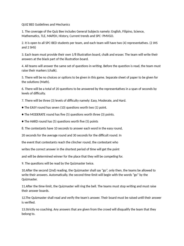 QUIZ BEE Guidelines and Mechanics | PDF