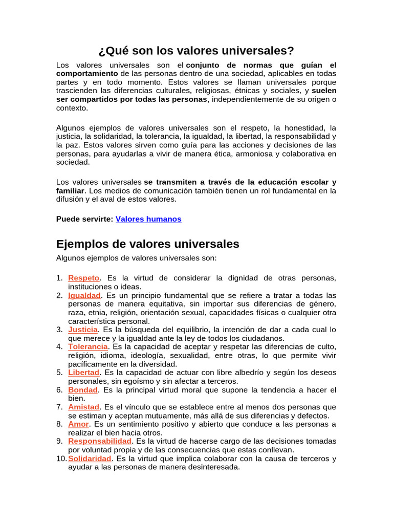 Valores Universales: Definición y Ejemplos | PDF | Derechos humanos ...
