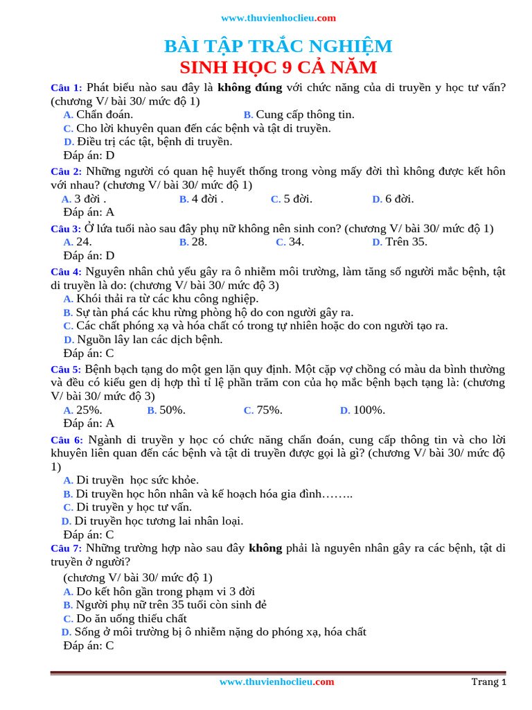 400 Cau Trac Nghiem SINH HOC 9 | PDF