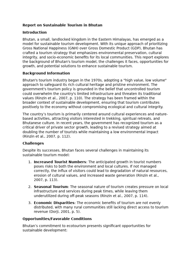 Report On Sustainable Tourism in Bhutan | PDF | Tourism | Sustainability
