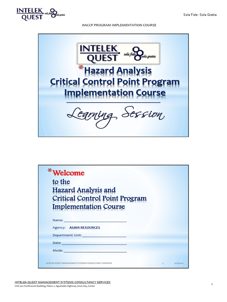 HACCP Program Implementation Course | PDF | Hazard Analysis And ...