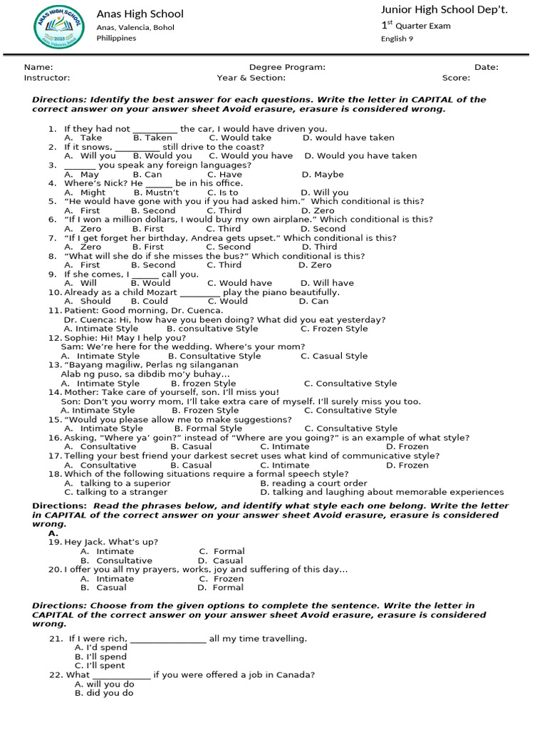 ENGLISH 9 1st Quarter Exam | PDF | Communication | Information