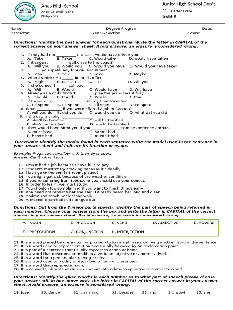 ENGLISH 8 1st Quarter Exam | PDF | Adverb | Adjective