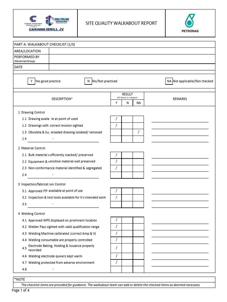 Site Quality Walkabout Form | PDF | Nondestructive Testing | Welding