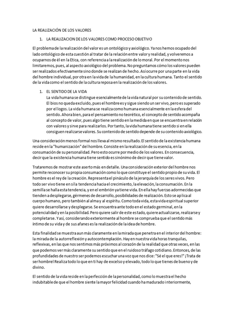 Realización de Valores en la Vida Humana | PDF | Significado de la vida ...