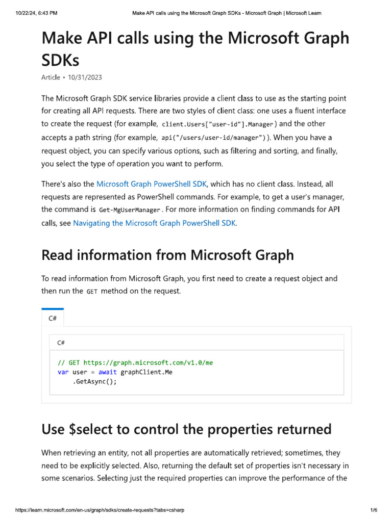 Make API Calls Using The Microsoft Graph SDKs | PDF