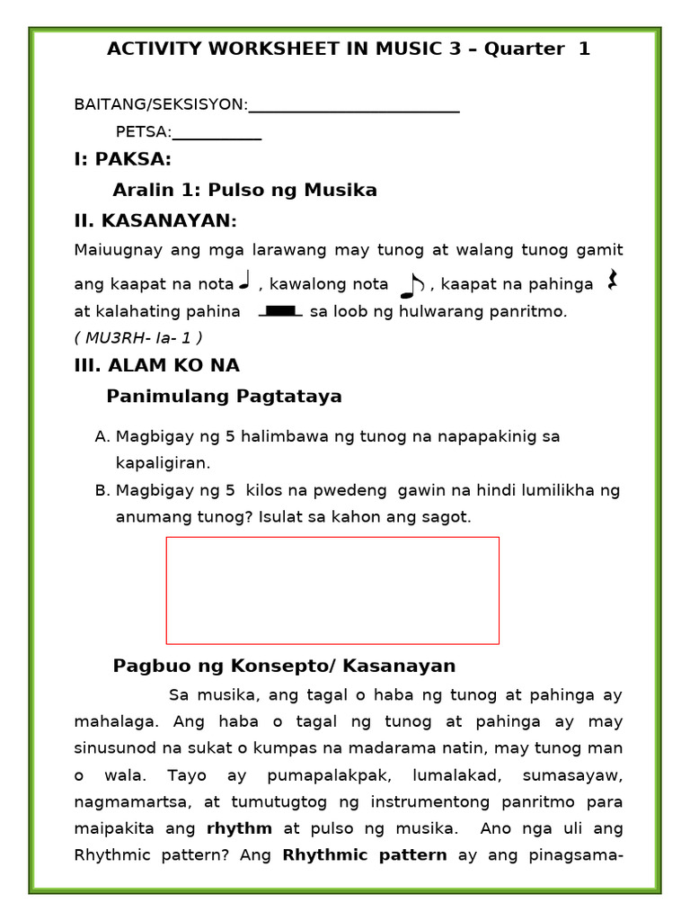 Aralin 1 Music GRADE 3 ACTIVITY-WORKSHEET | PDF