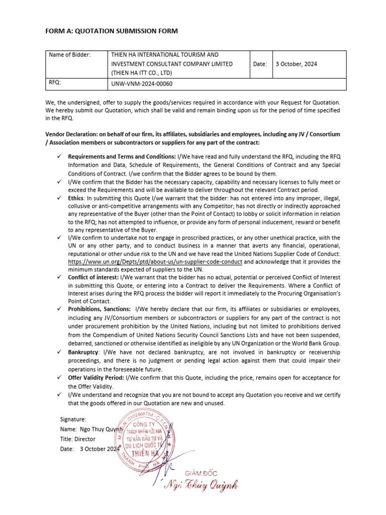 FORM A - RMB UNW-VNM-2024-00060 - Quotation Submission Form | PDF ...