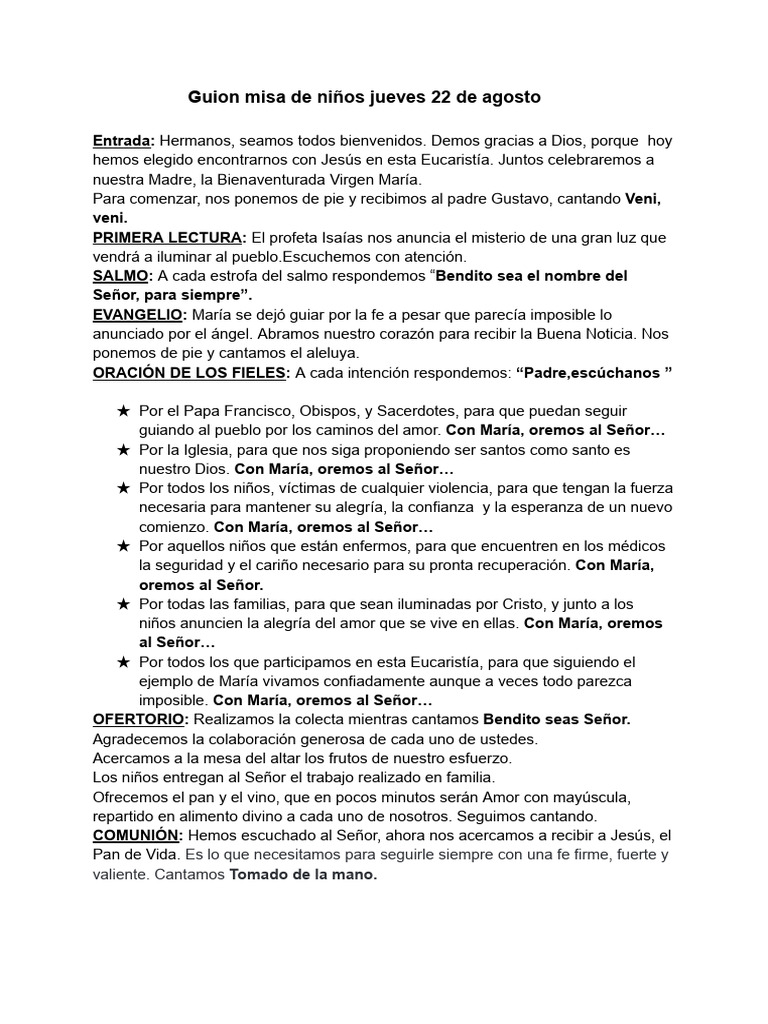 Guion Misa de Niños Jueves 22 de Agosto | PDF | María, madre de Jesús ...
