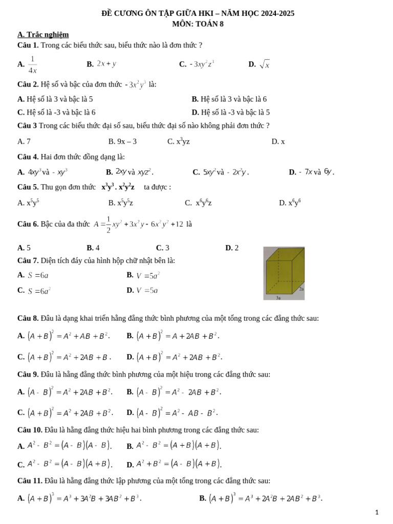 Toan 8de Cuong On Tap Giua Ki 1 Toan 8 CTST | PDF