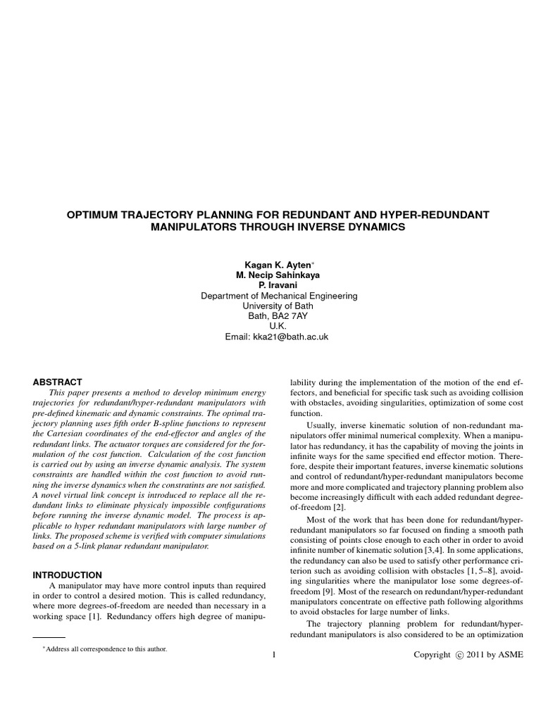 2011 - Optimum Trajectory Planning For Redundant and Hyper Redundant Manipulators Through ...