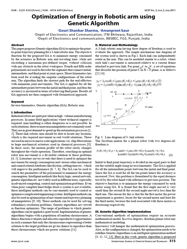 2011 - Optimization of Energy in Robotic Arm Using Genetic Algorithm - Shankar | PDF | Genetic ...