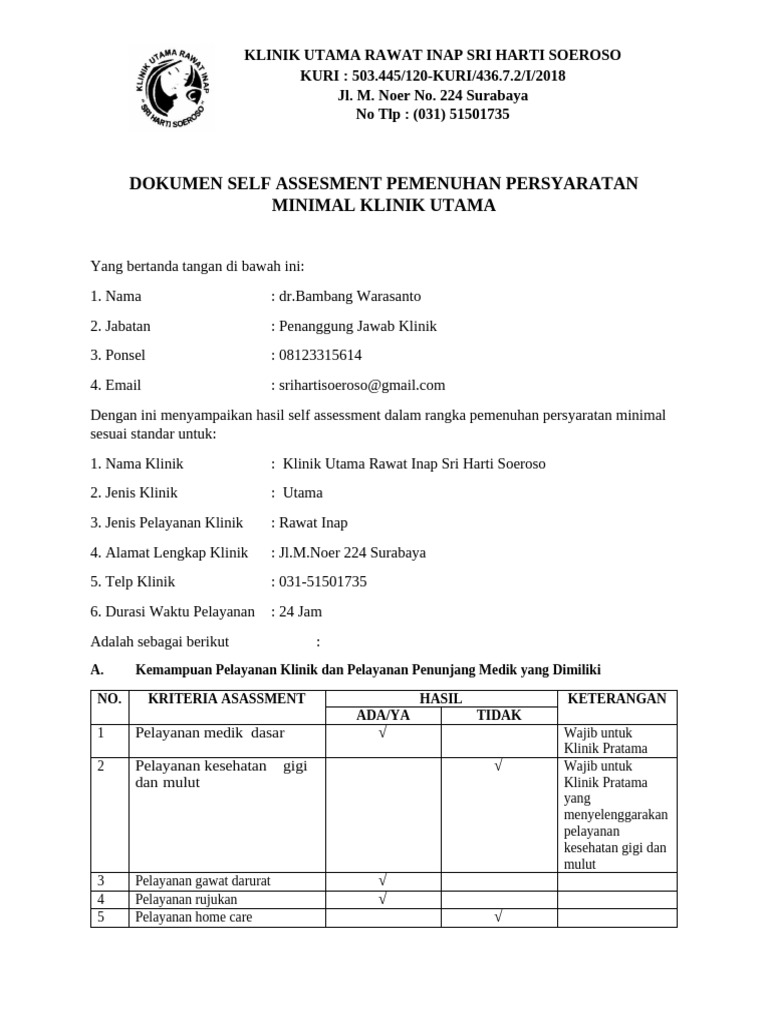 Dokumen Self Assesment Pemenuhan Persyaratan Minimal Klinik Utama | PDF ...