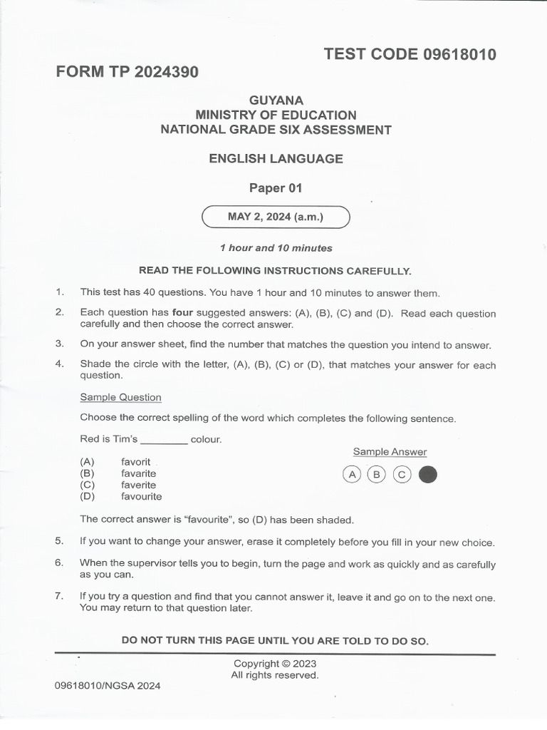 NGSA 2024 - English Paper 1 | PDF