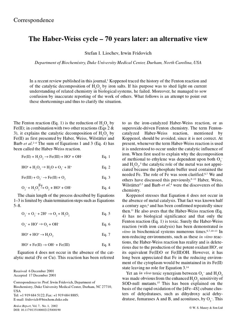 The Haber-Weiss Cycle 70 Years Later An Alternative View | PDF ...