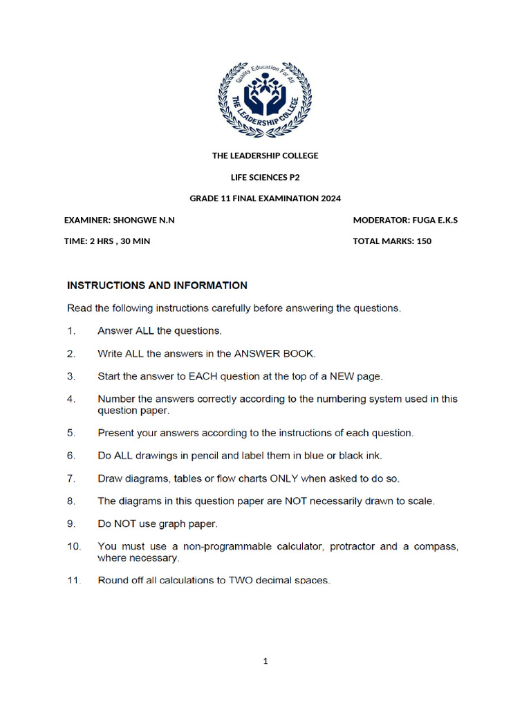 GR 11 Life Science Exam p2 | PDF