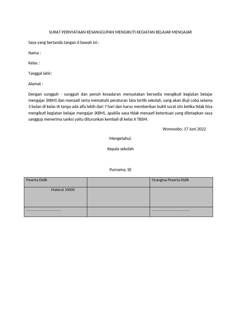 Surat Pernyataan KBM | PDF