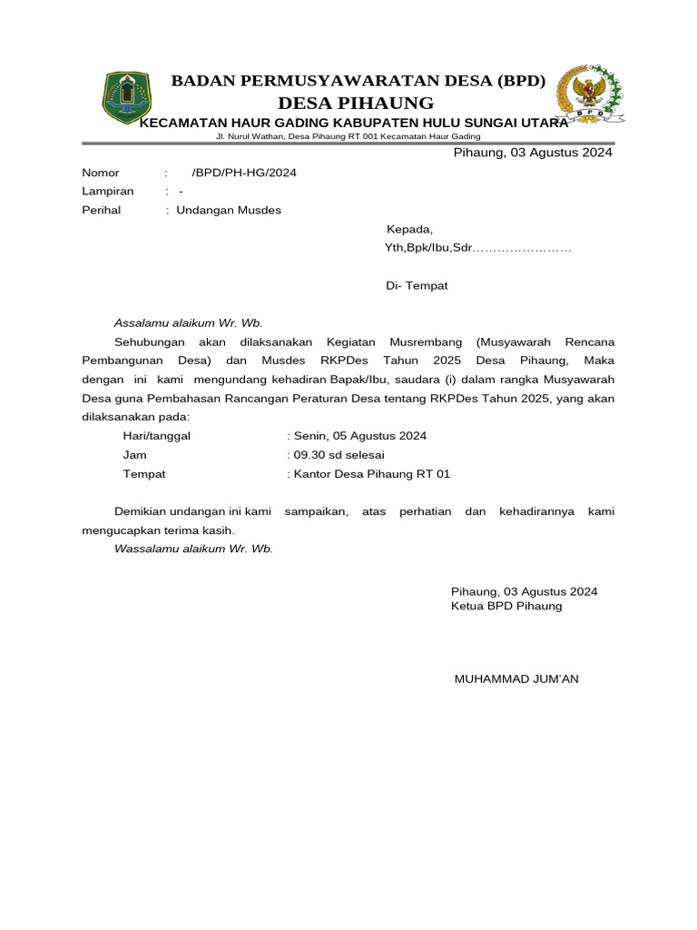 Undangan Musdes BPD RKPdes 2025 | PDF