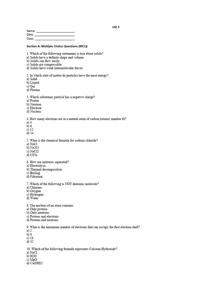 Chemistry Quiz 2 | PDF | Science & Mathematics | Technology & Engineering
