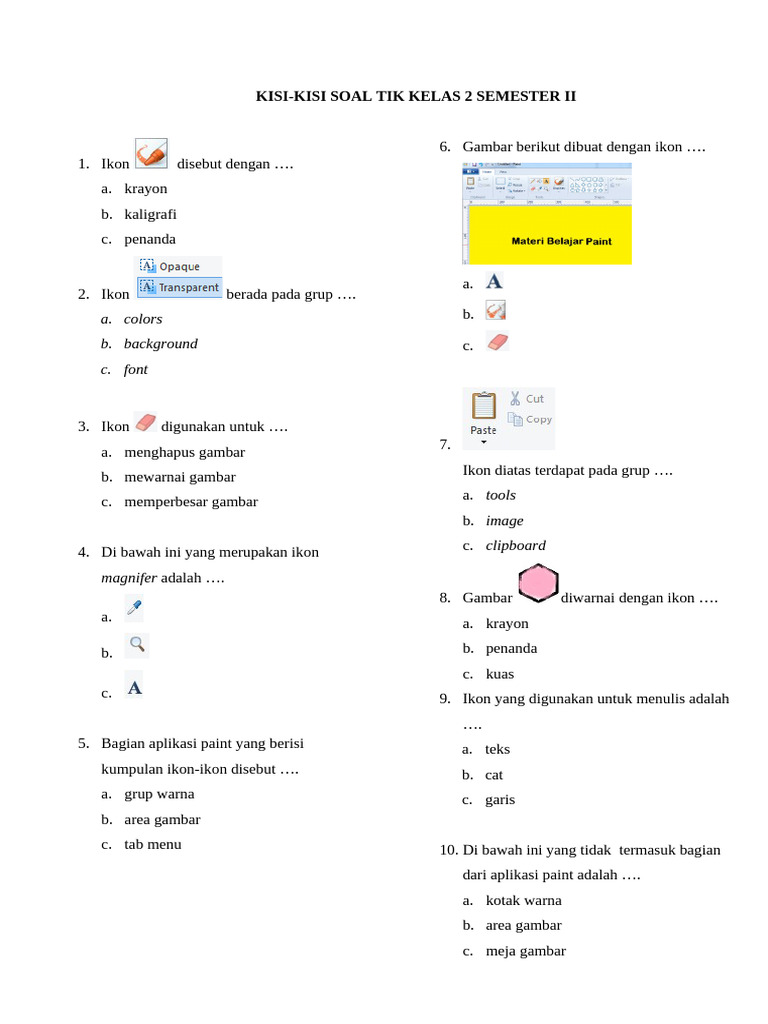 Kisi-Kisi Soal Tik Kelas 2 | PDF